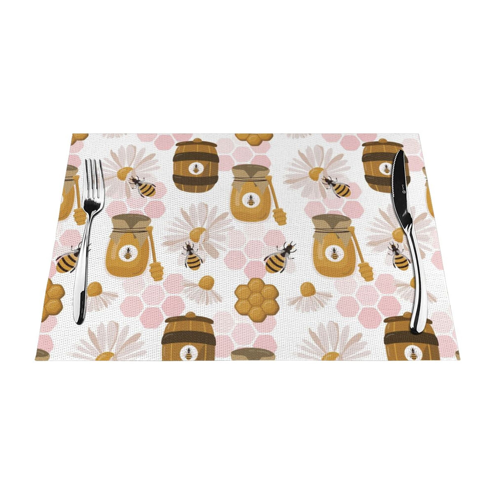 XMXY Woven Placemats Set of 6 PCS, Bee Honey Jar Print Table Mats ...