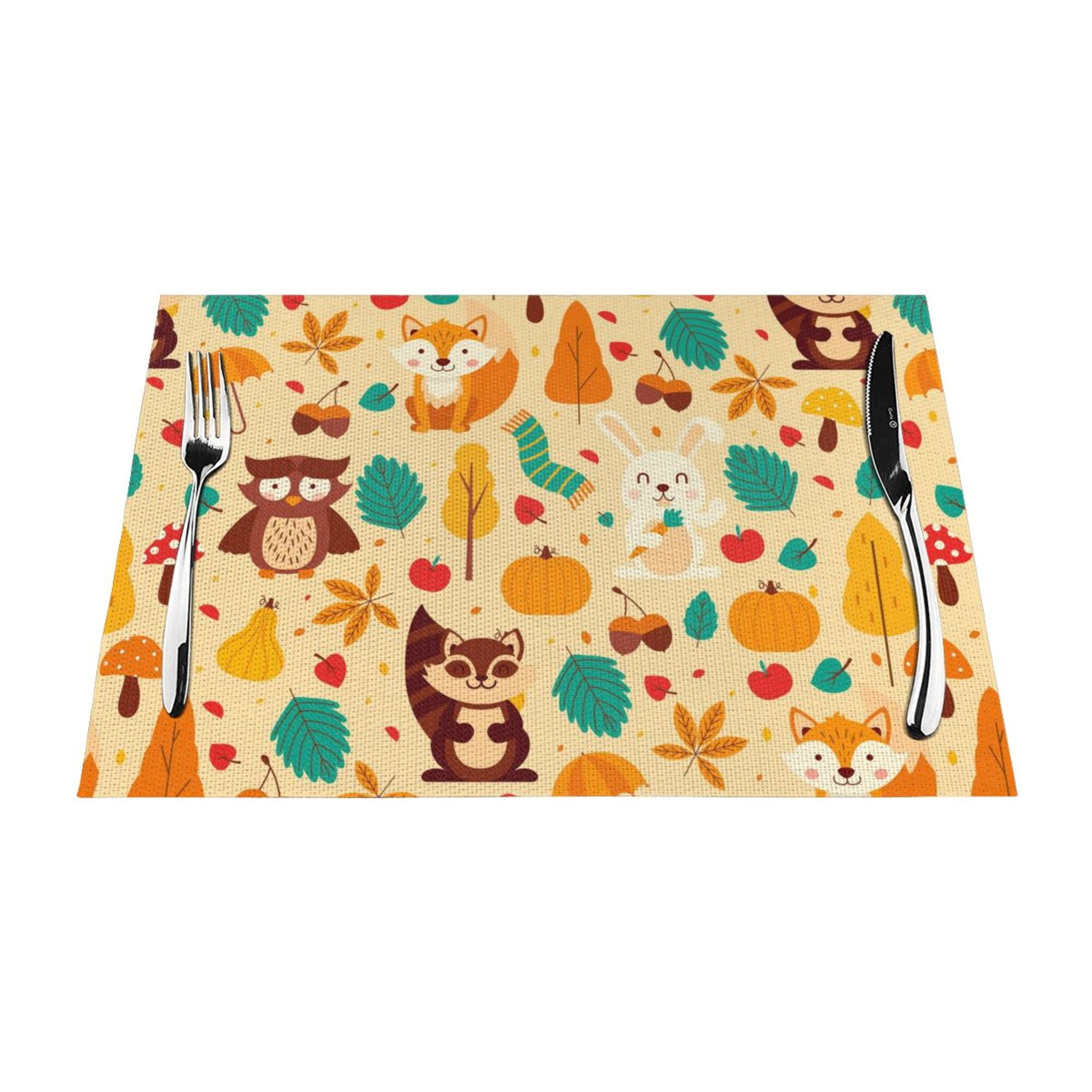 XMXY Woven Placemats Set of 6 PCS, Cartoon Rabbit Owl Fox Squirrel ...