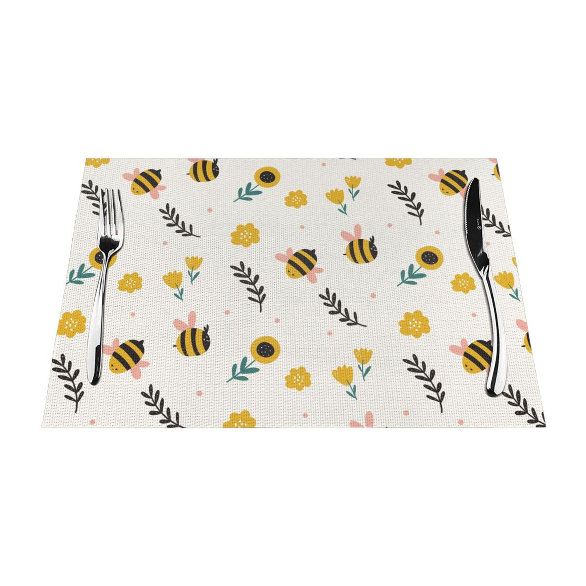 XMXY Woven Placemats Set of 6 PCS, Cute Bee Yellow Flowers Table Mats ...