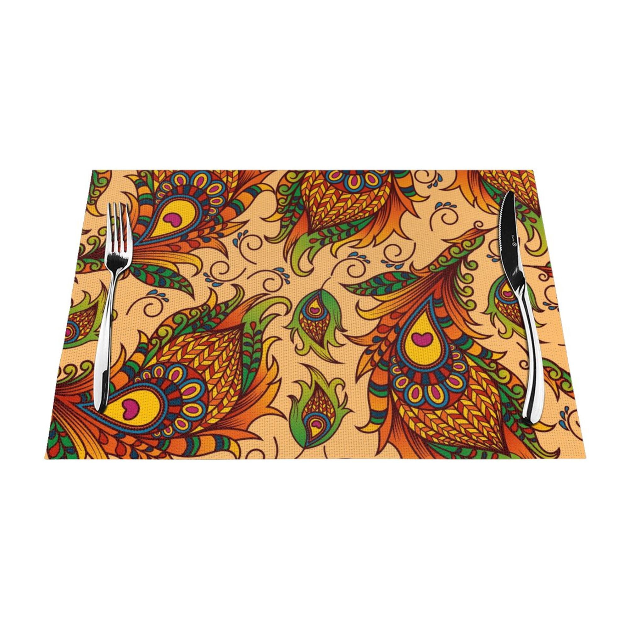 XMXY Woven Placemats Set of 6 PCS, Ethnic Peacock Feathers Oriental ...