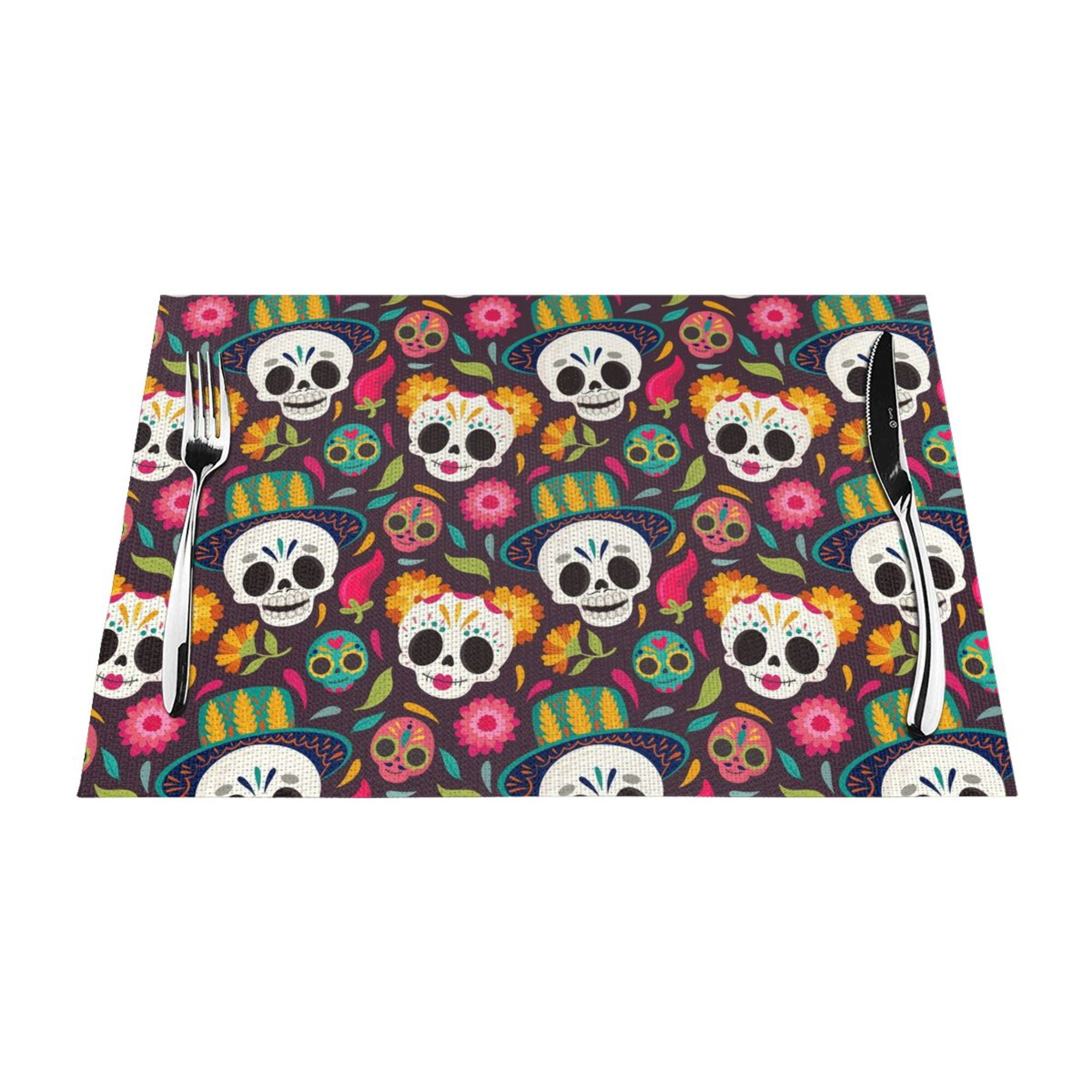 XMXY Woven Placemats Set of 6 PCS, Mexican Skull Floral Gothic Table ...