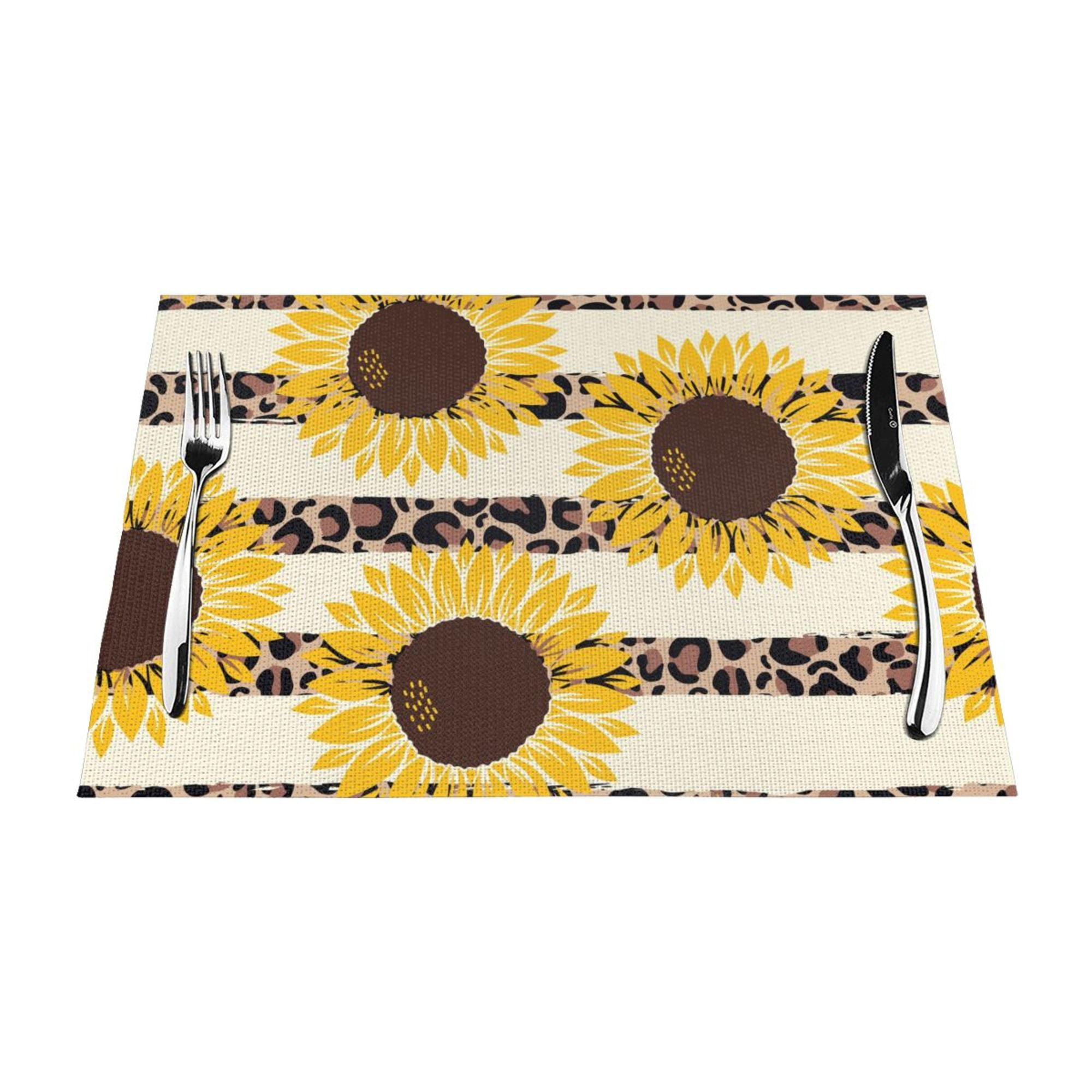 XMXY Woven Placemats Set of 6 PCS, Yellow Sunflowers Leopard Print ...