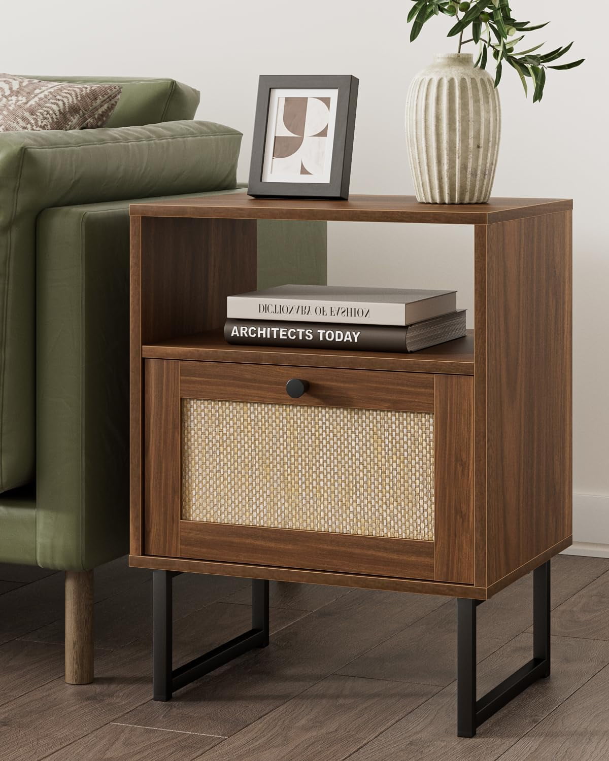 XNKOLMJ Boho Night Stand Small Rattan Side Table Wood Nightstand with ...