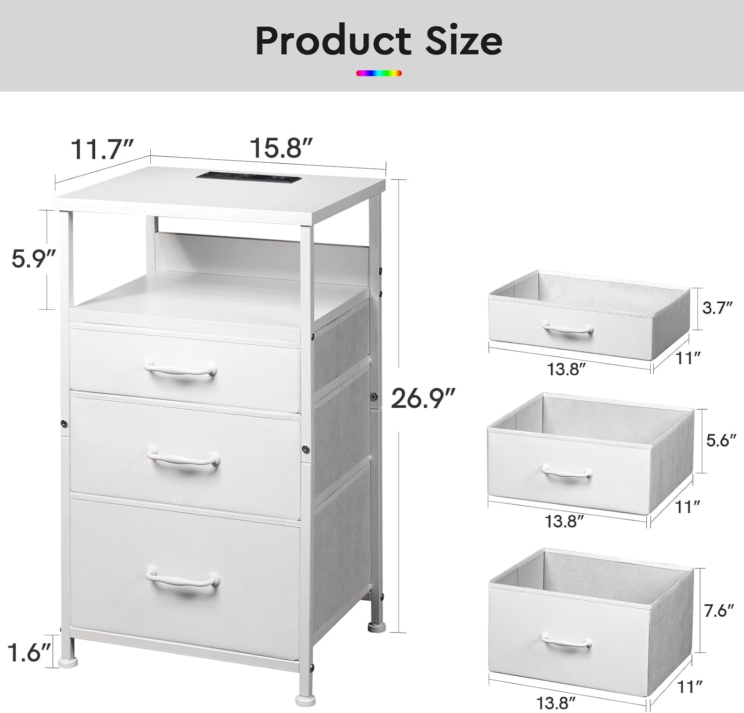 XNKOLMJ Nightstand with Charging Station LED Night Stand with3 Fabric ...