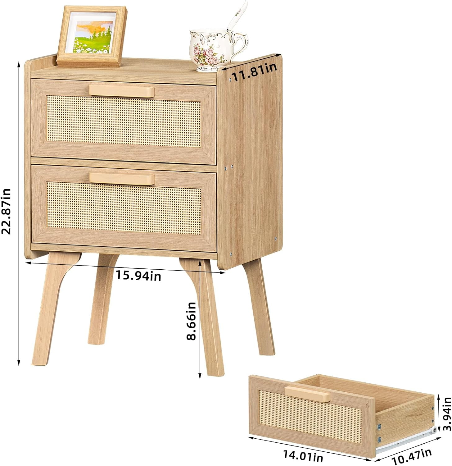 XNKOLMJ Rattan Nightstand Boho Night Stand with 2 Drawers Cane Accent ...