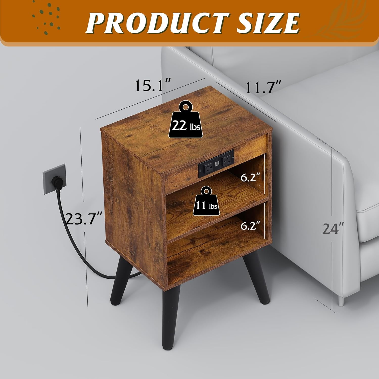 XNKOLMJ Rattan Nightstand with Charging Station Boho Night Stand Small ...