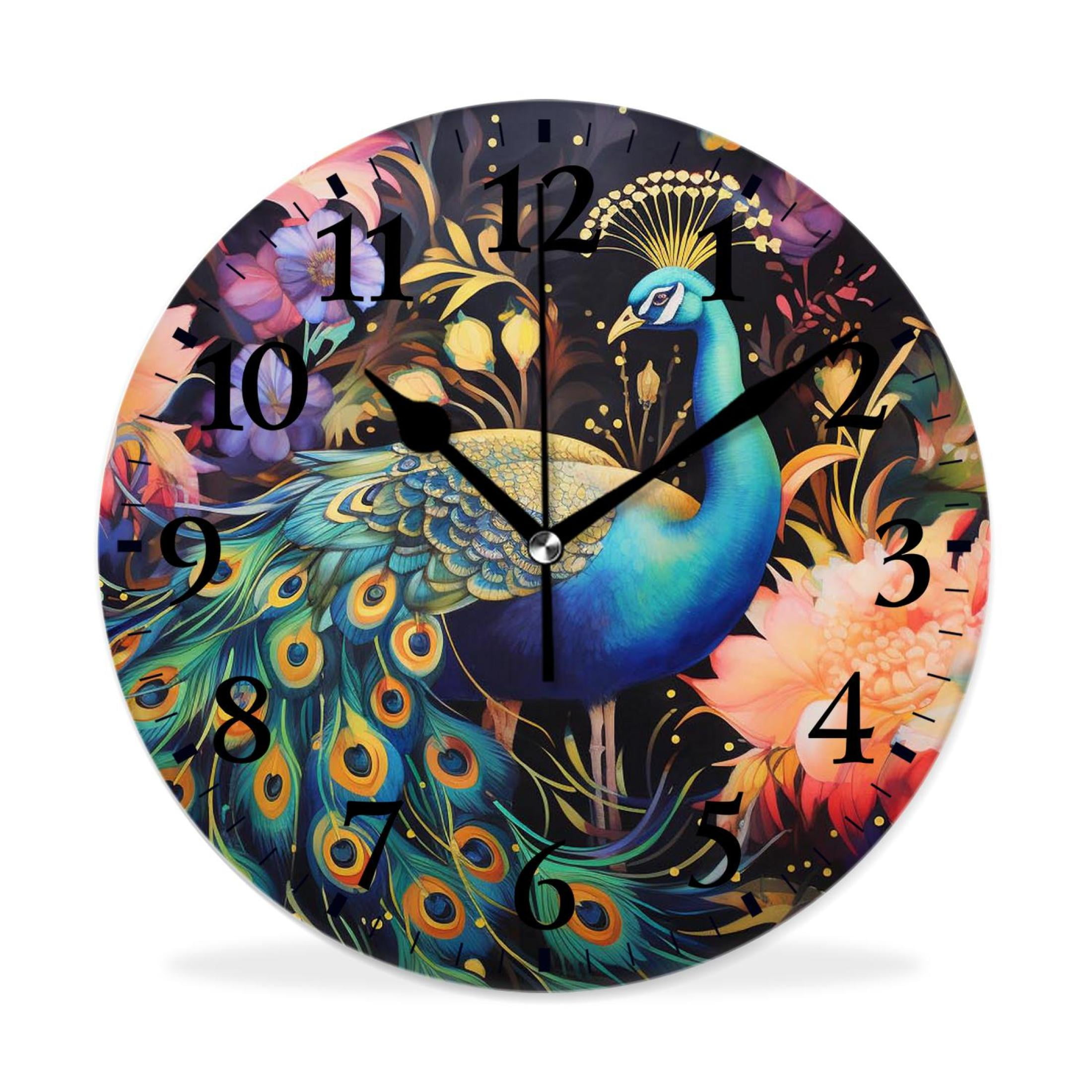XNSJVGB Silent Non Ticking 12 inch Round Wall Clocks,Peacock Tropical Bird Green Palm Leaf cute ...