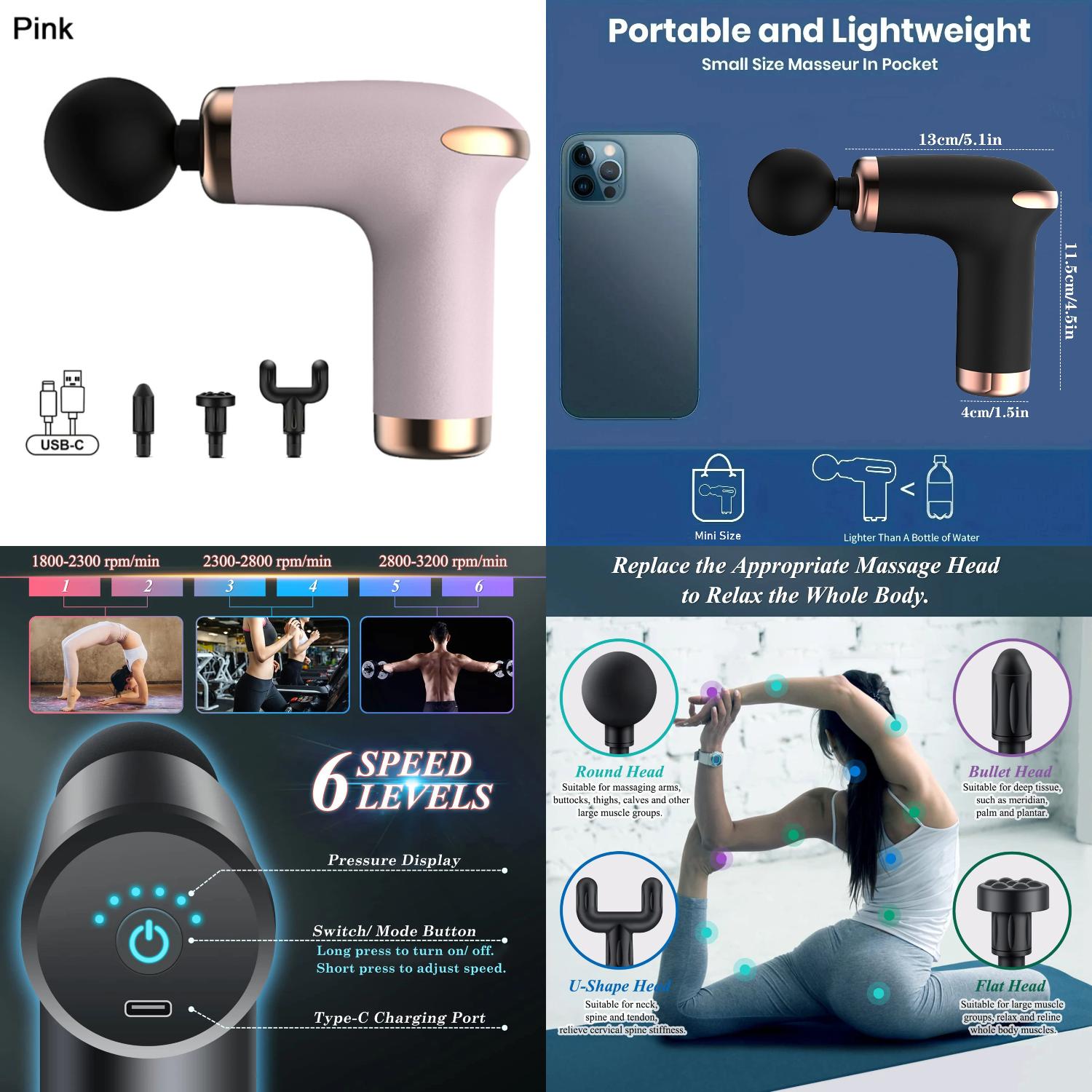 XOCHNGH 6 Speeds Massage Gun with 4 heads Mini Fascial gun Deep Tissue ...