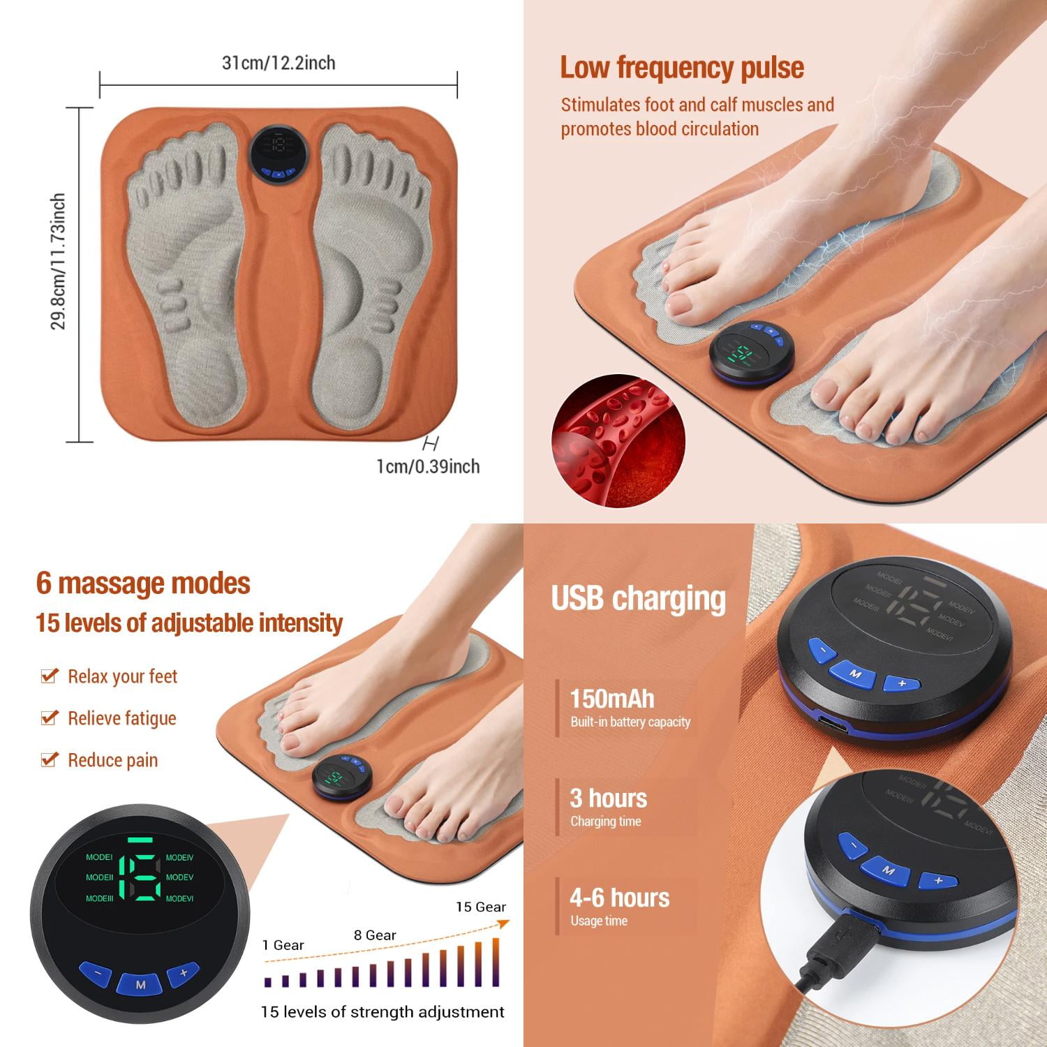 Xochngh Ems Foot Massage Pad Microcurrent Pulse Leg Muscle Massager 6 Modes 15 Levels Automatic
