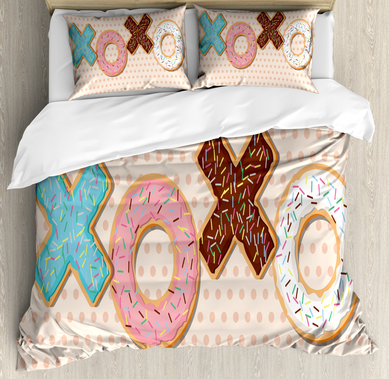 XOXO Duvet Cover Set Queen Size, Sweet Illustration of Delicious Donuts ...