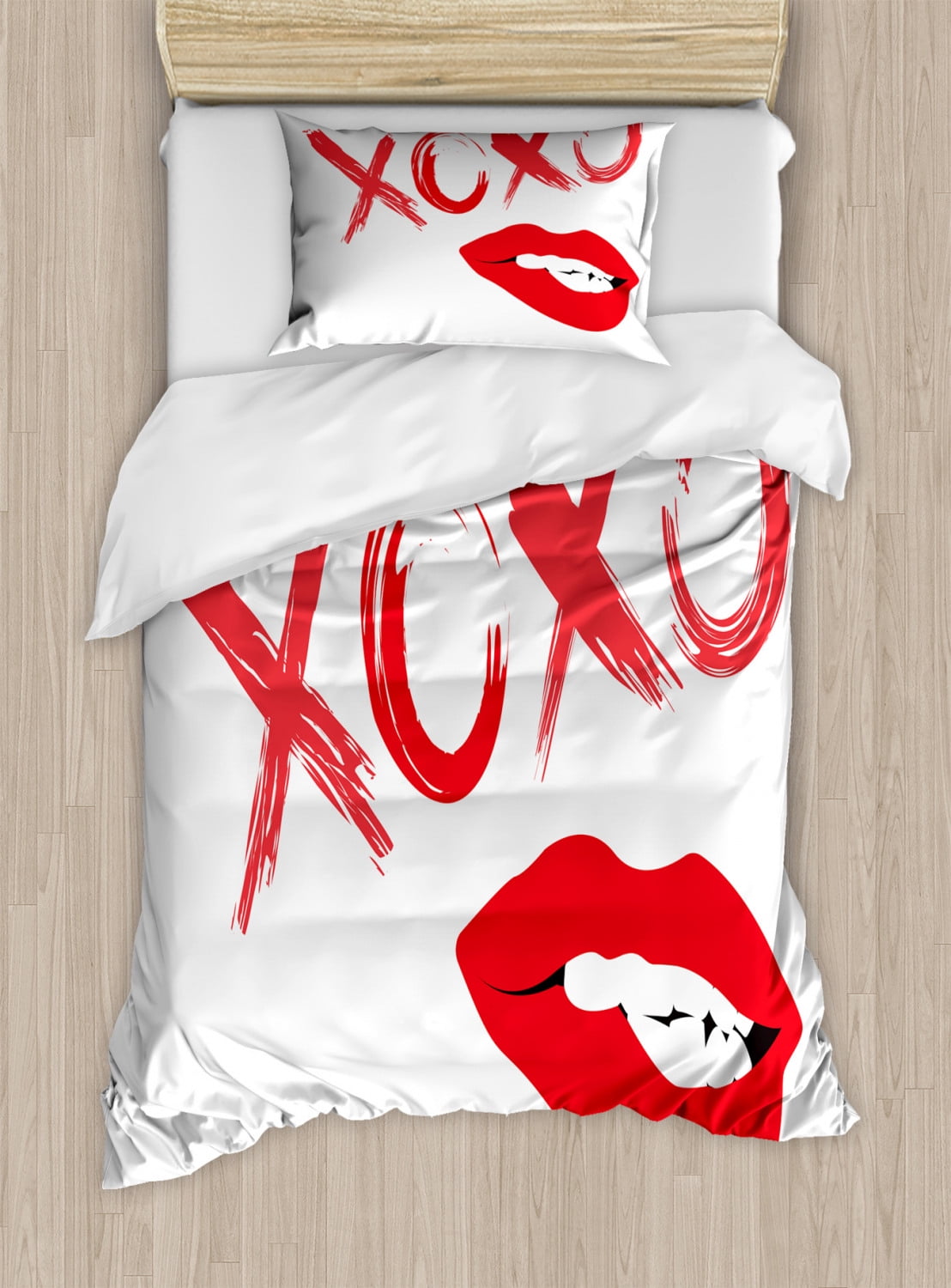 XOXO Duvet Cover Set Twin Size, Lipsticked Woman Biting Lips Simplistic ...