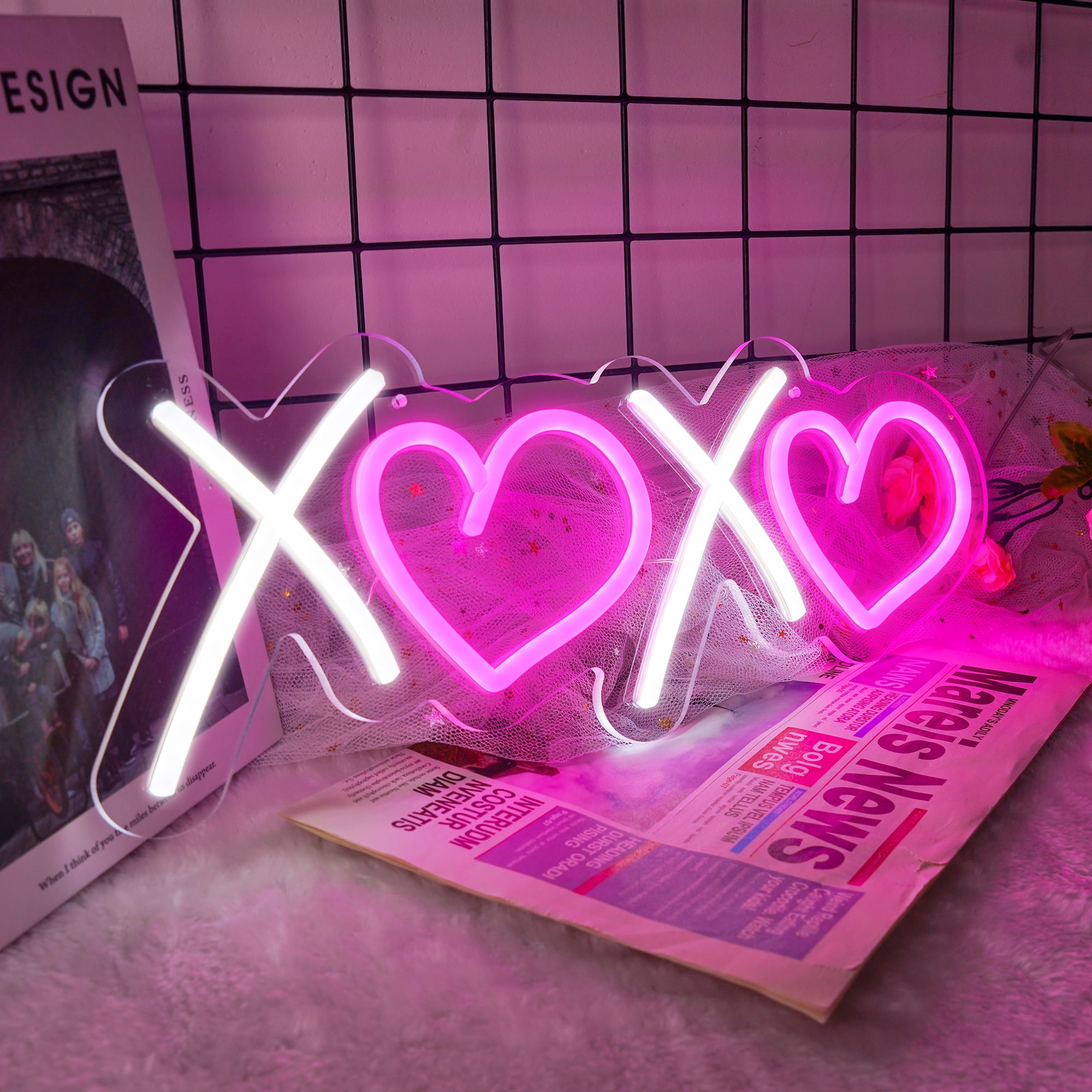 XOXO Neon Sign for Wall Decor, Dimmable White Pink Led Neon Sign Home ...