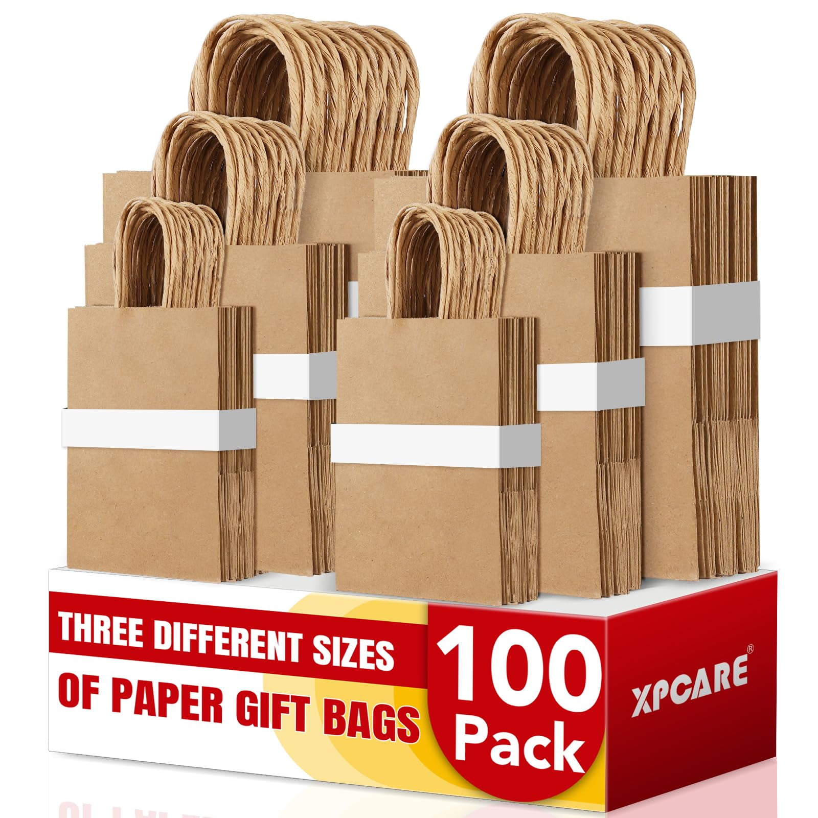 XPCARE 100PCS Brown Paper TSF6 Bags with Handles, Three Sizes of Bulk ...