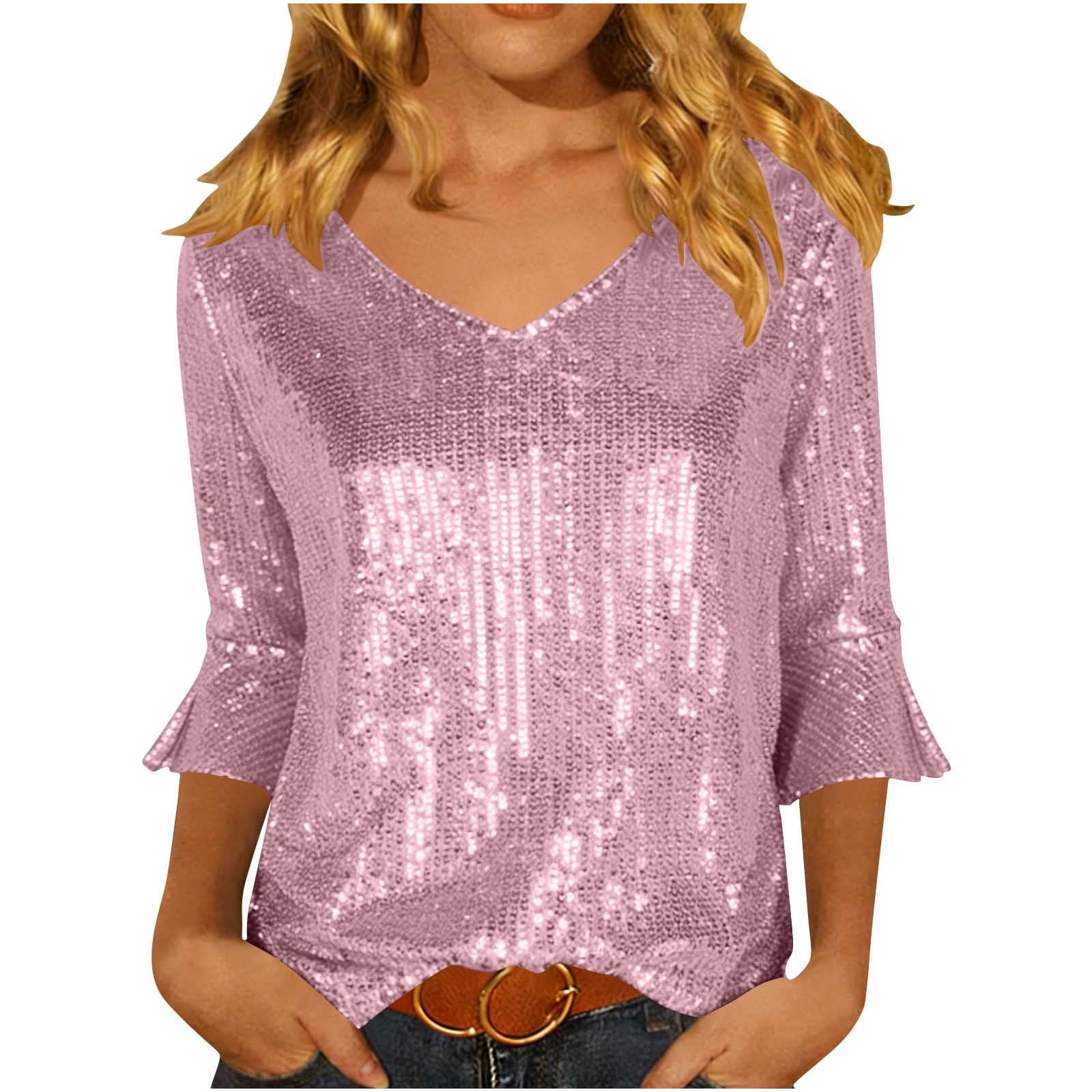 XPMWRP Sequin Sparkly Shirts for Women Dressy Casual 3/4 Sleeve Glitter ...