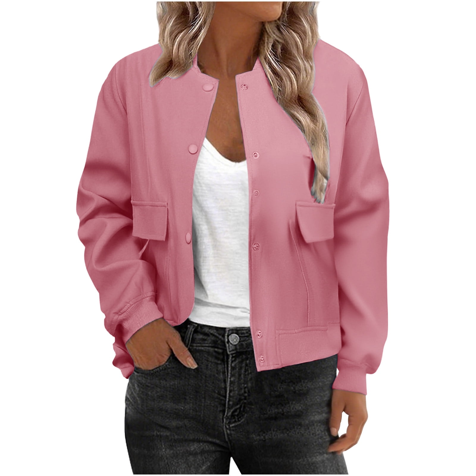 XPMWRP Women's Bomber Solid Color Coats Casual Button Down Varsity ...