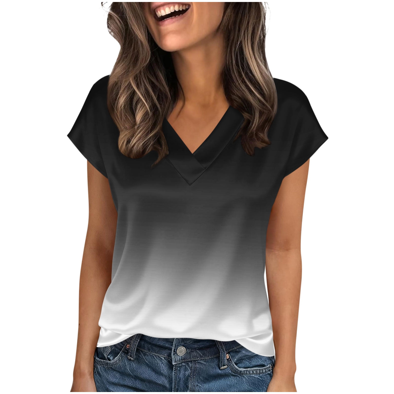 XPMWRP Women's V‑Neck Ombre Gradient Print Cap Short Sleeve Loose Fit ...