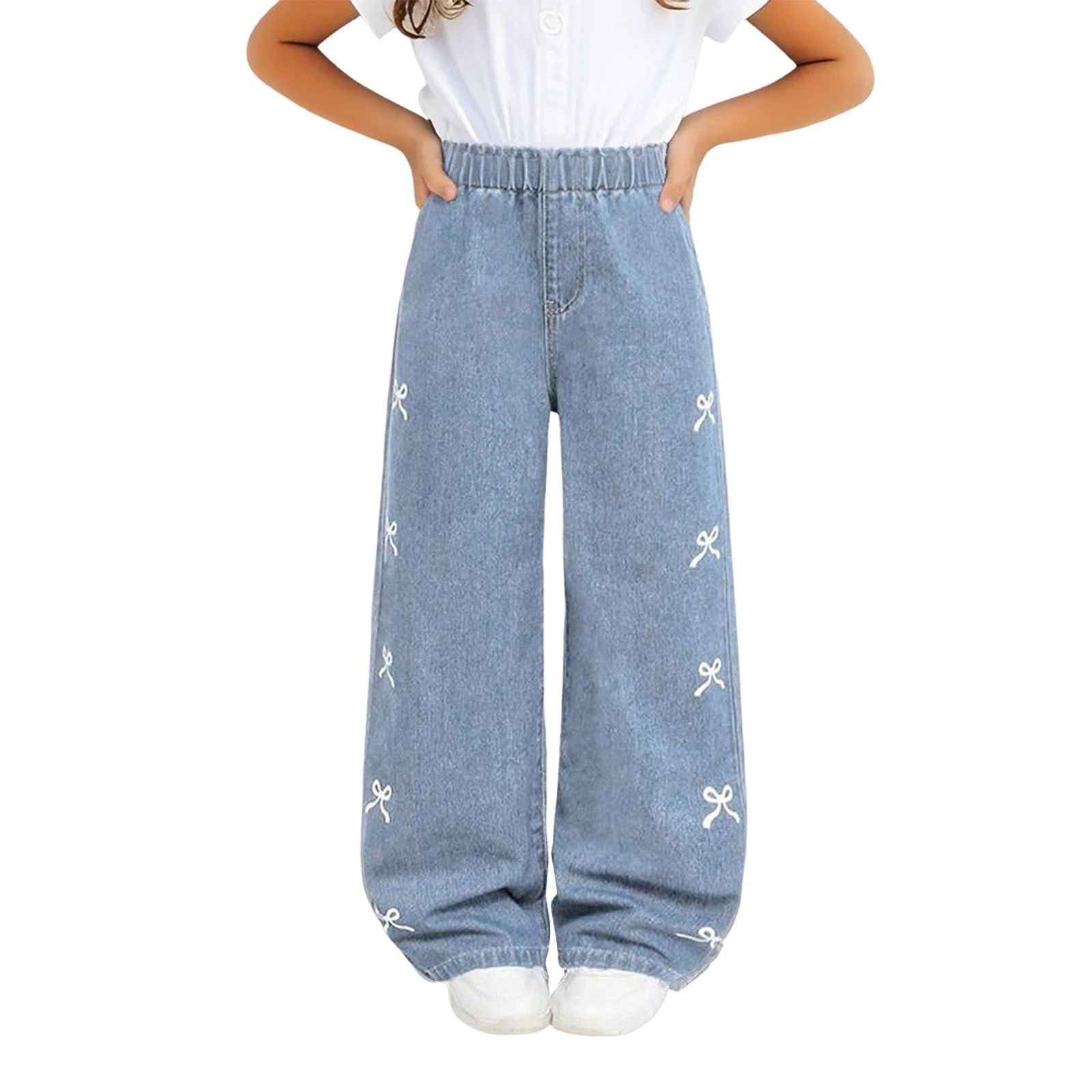 XQYLOS Girls Baggy Denim Joggers Bow Detail Elastic Waist Straight Leg ...