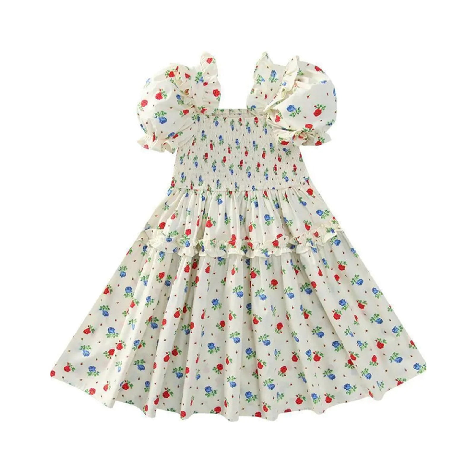 XQYLOS Girls Floral White Bubble Sleeve Pleated Long Princess Dress ...
