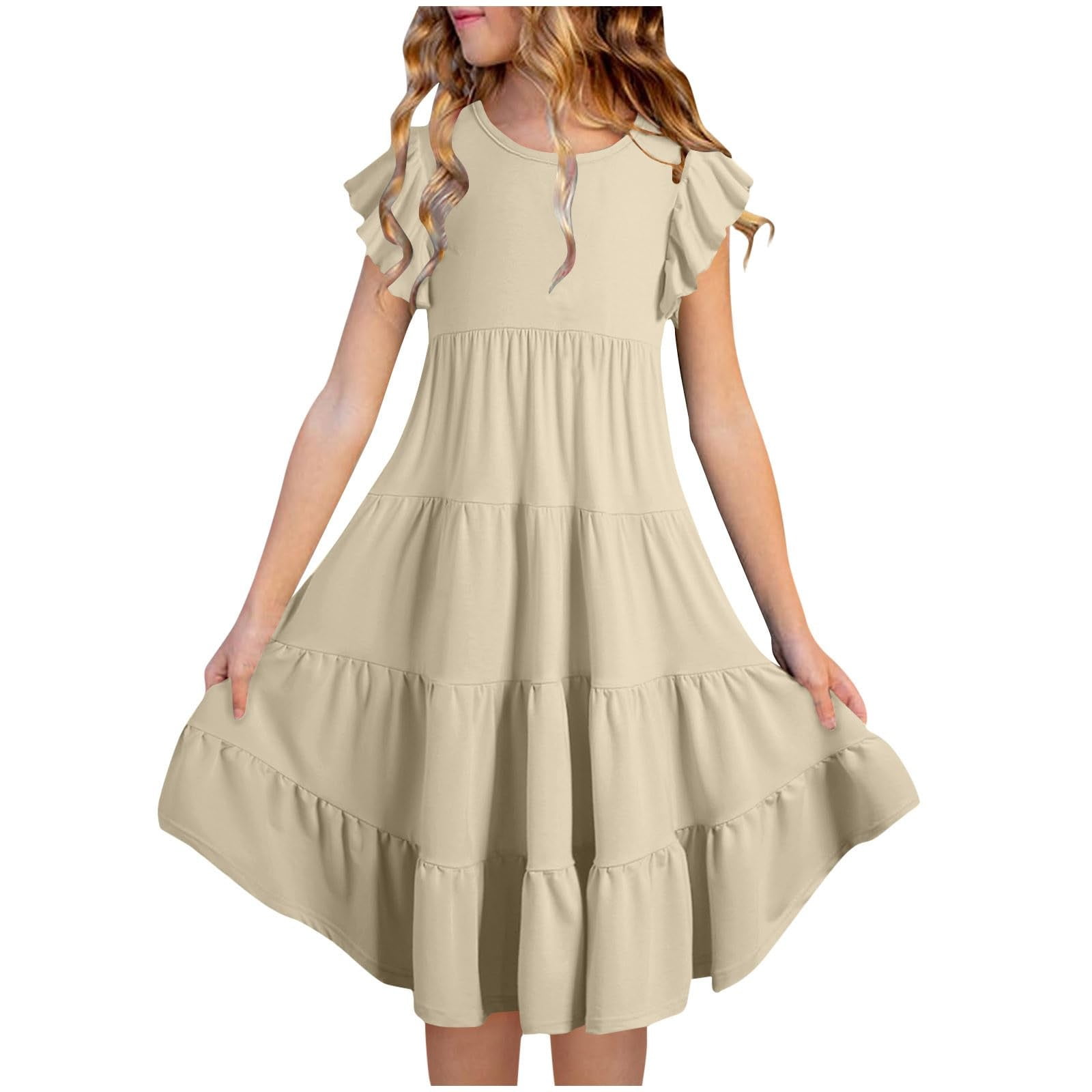 XQYLOS Girls Flowy A-Line Dress Double-Layer Sleeve Casual Spring ...