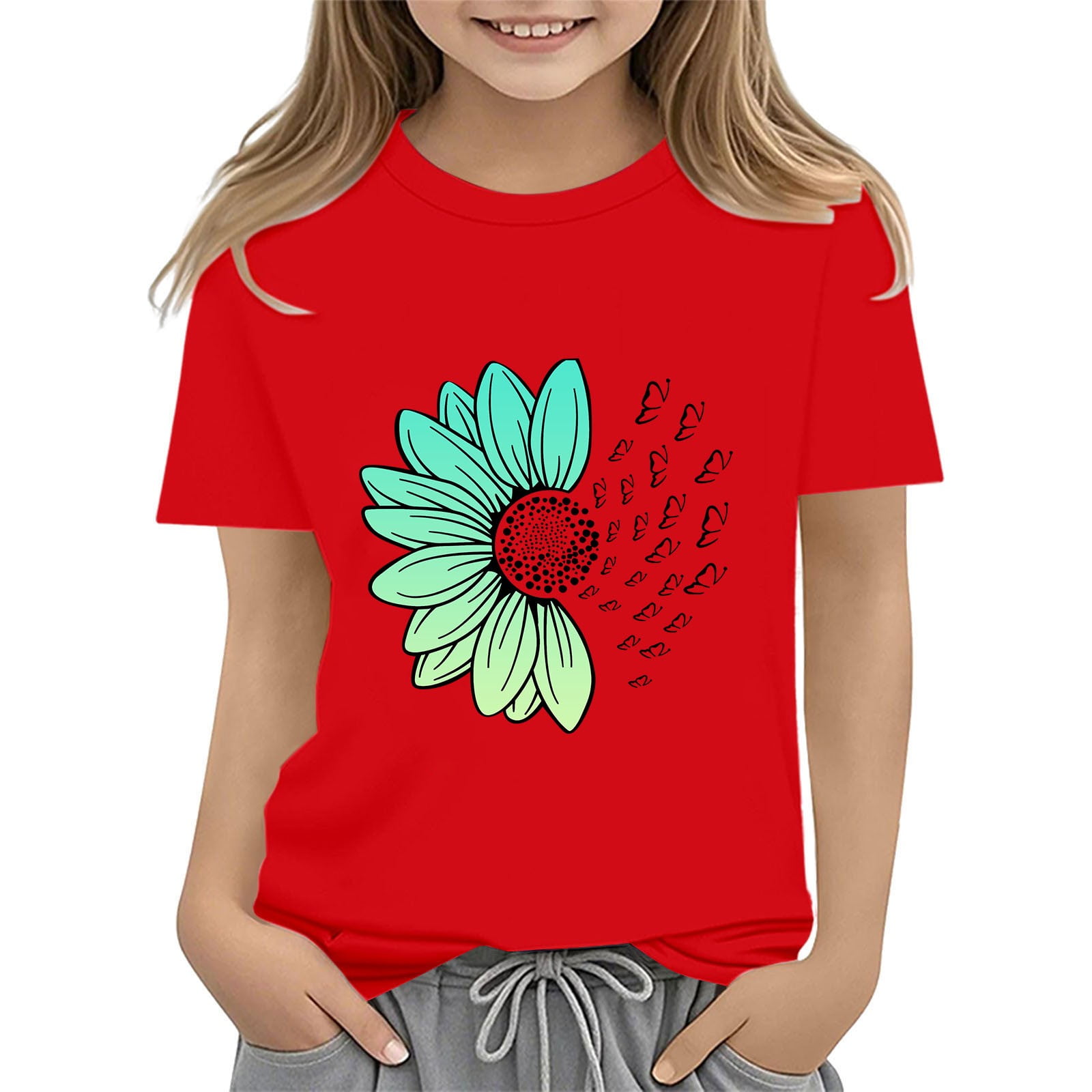 XQYLOS Girls Sunflower Dandelion Graphic Tee Short Sleeve Crewneck Cotton Summer Basic Loose Fit ...