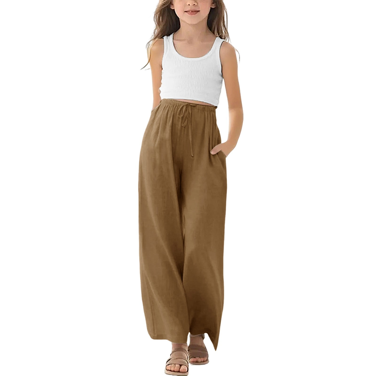 XQYLOS Girls Wide Leg 𝖯alazzo Pants Elastic D𝖱awstring Waist ...