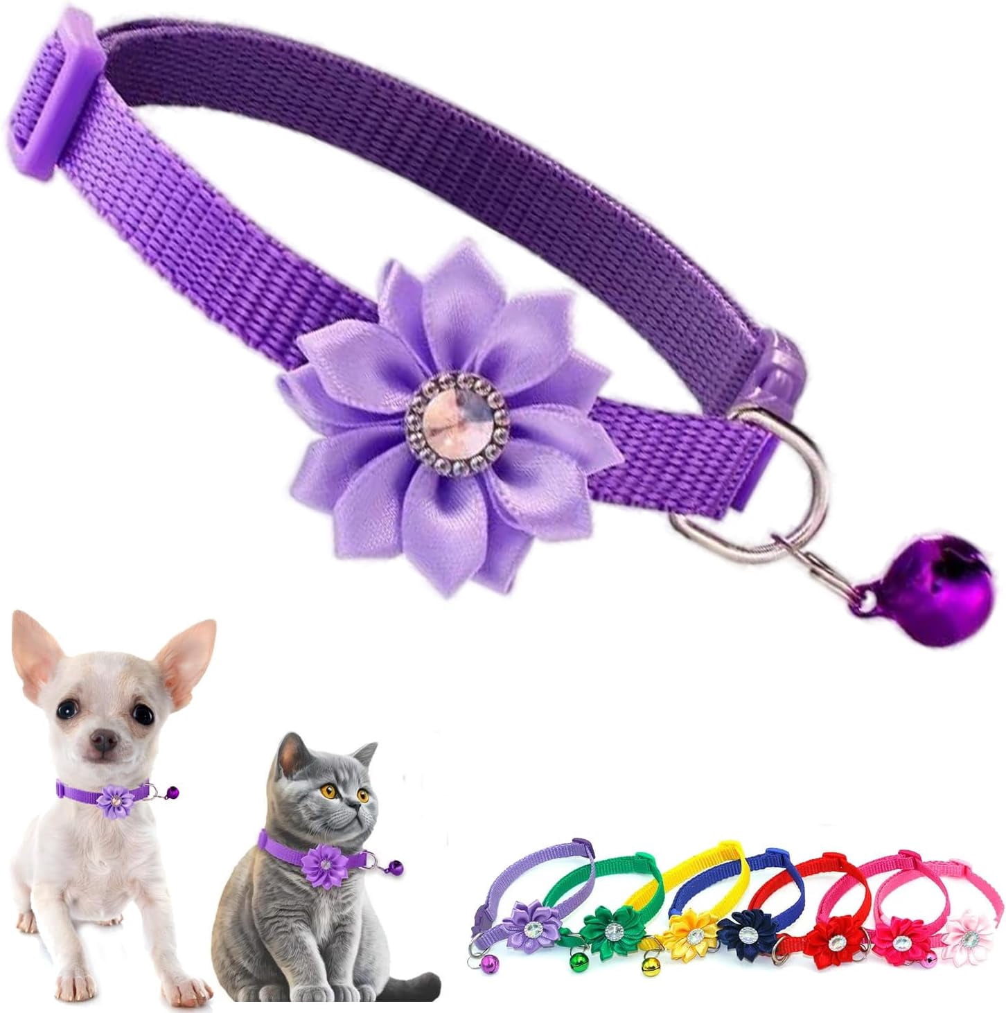 XS Dog Collar with Bell and Flower, 2 Pack Puppy Collars with Bell and ...