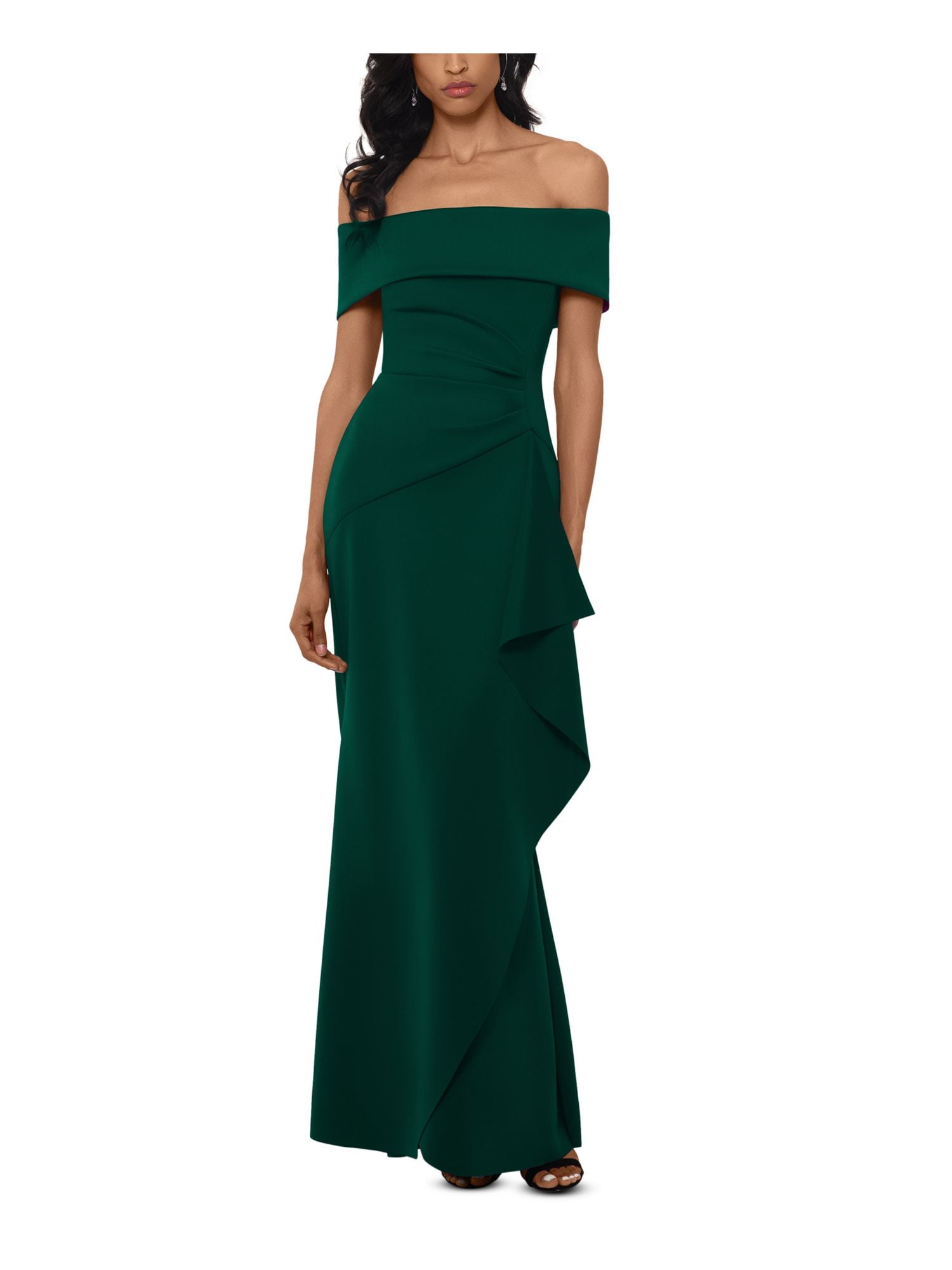 XSCAPE 12P Green Off Shoulder Evening Gown Dress with Cascading Ruffles ...