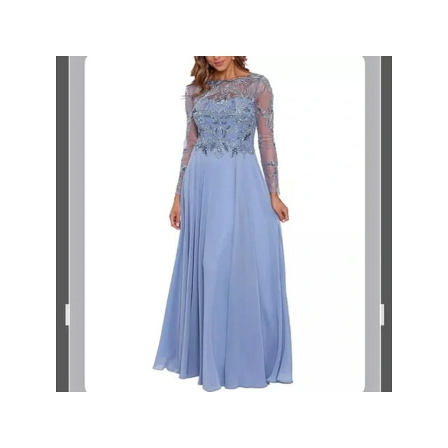 XSCAPE Womens Light Blue Sheer Embellished Long Sleeve Boat Neck Full ...