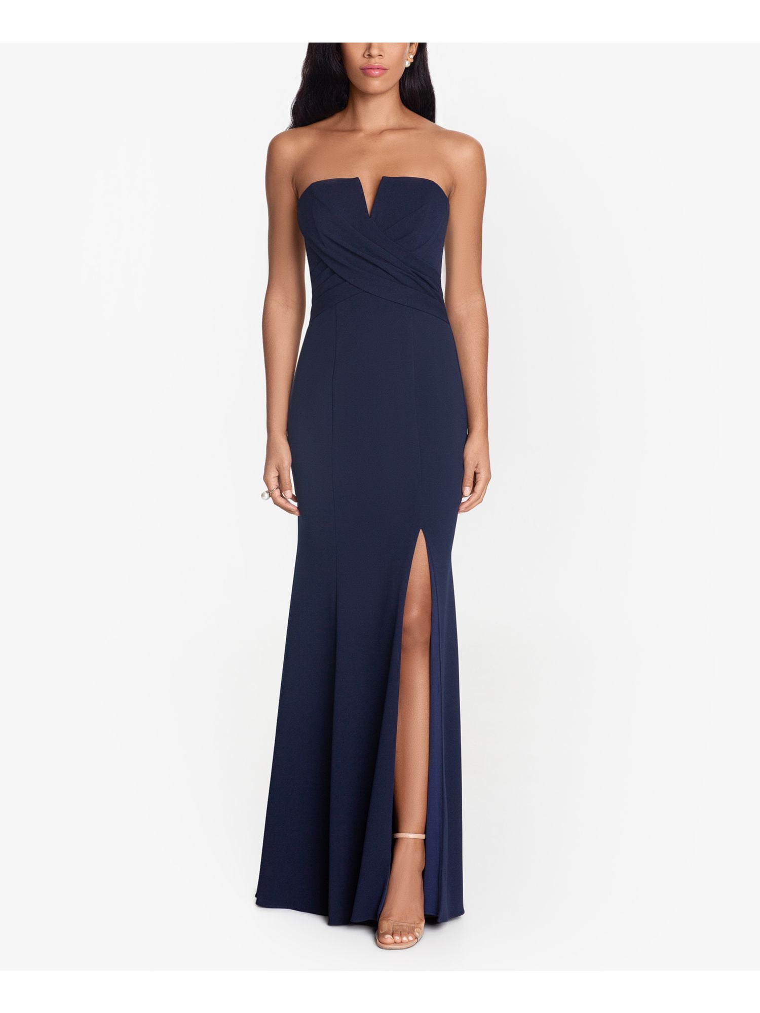 Xscape Women's Navy Stretch Pleated Notched-V Crisscross Front Slit ...