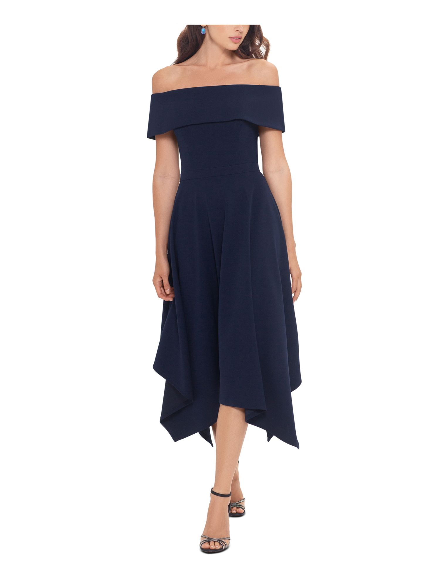 Xscape Womens Navy Textured Zippered Scuba Crepe Handkerchief Hem Short