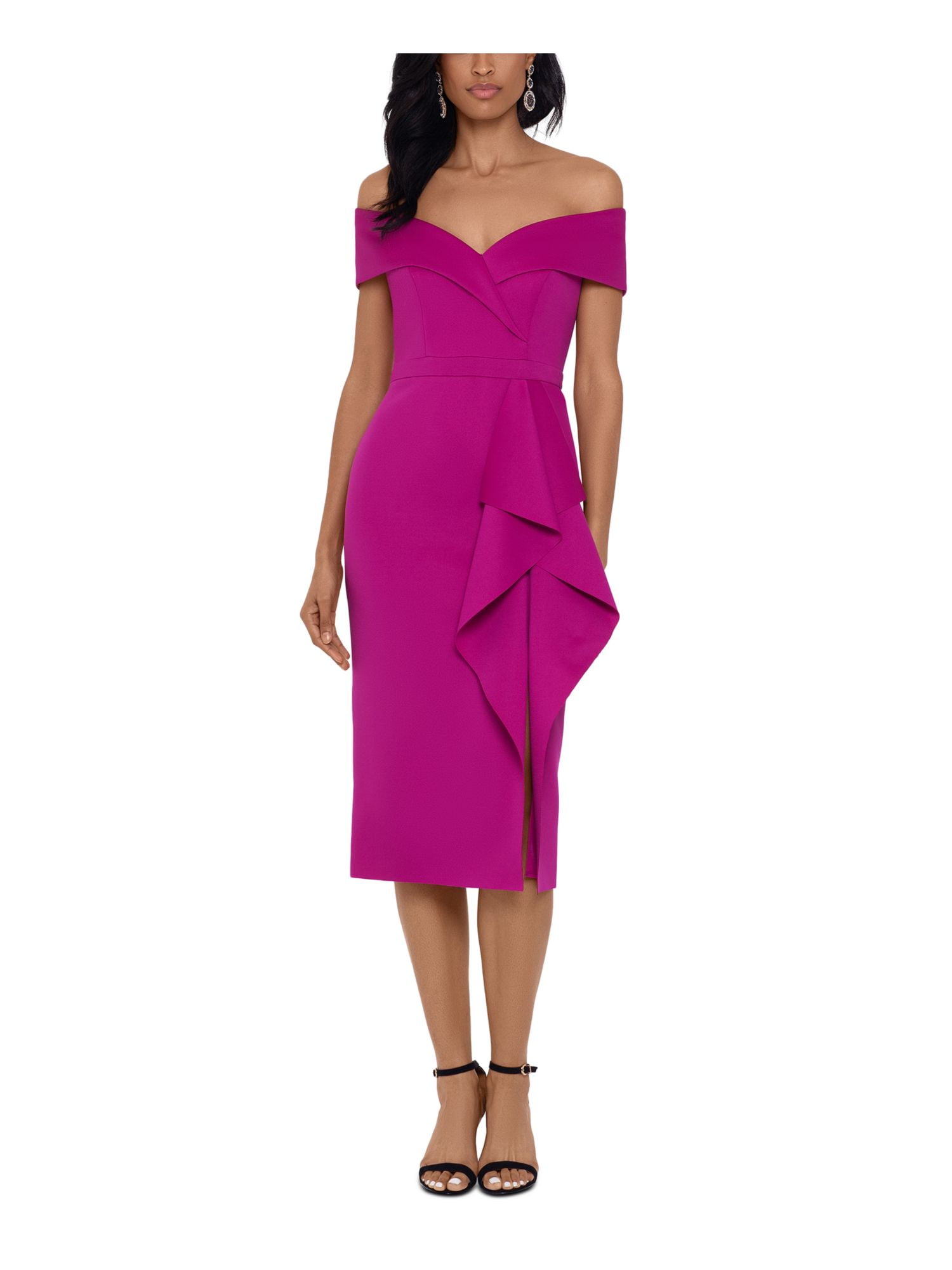 XSCAPE Womens Purple Zippered Scuba Waterfall-ruffle Short Sleeve Off ...