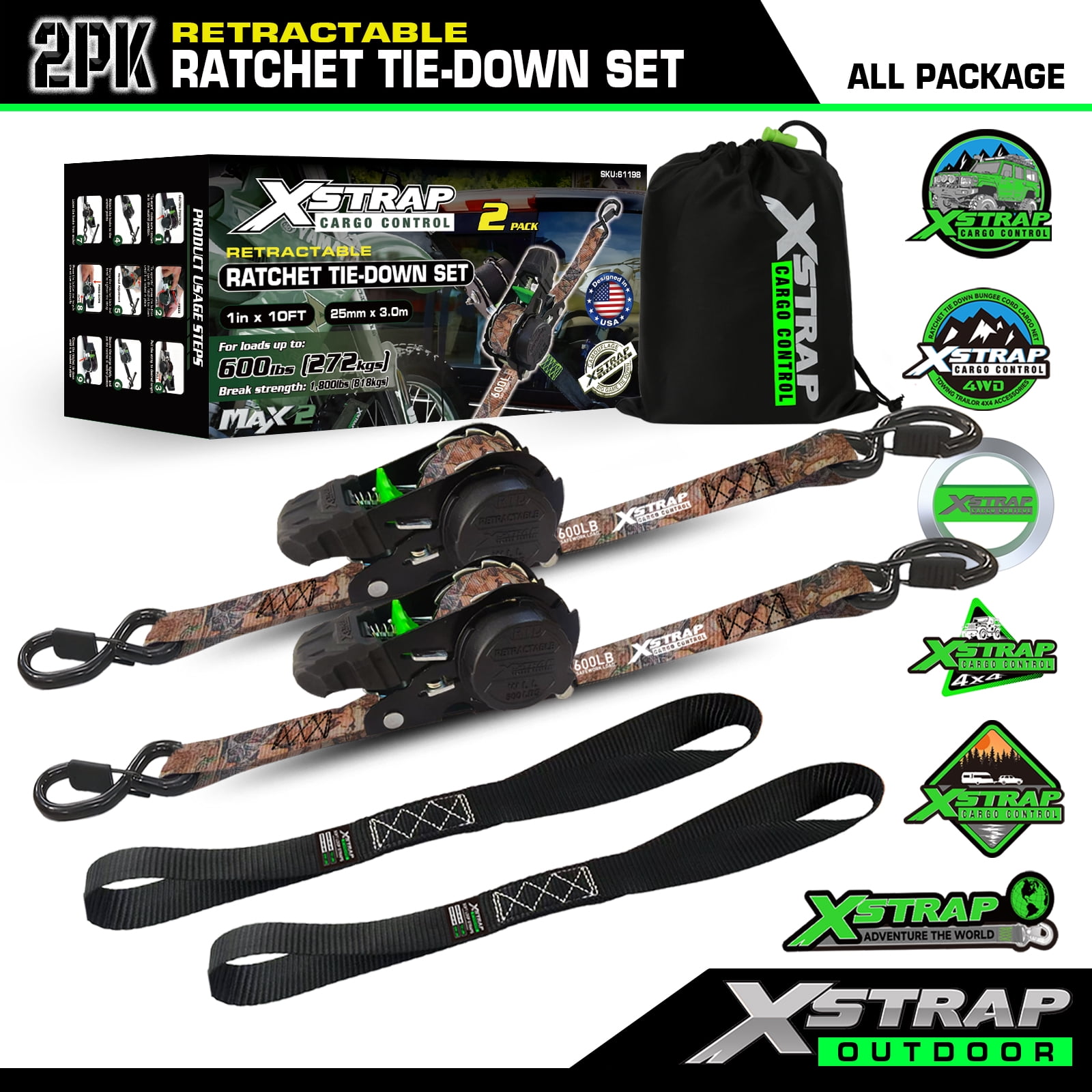 XSTRAP STANDARD 2-Pack Retractable Ratchet Tie Down Straps, 1" x 10ft ...