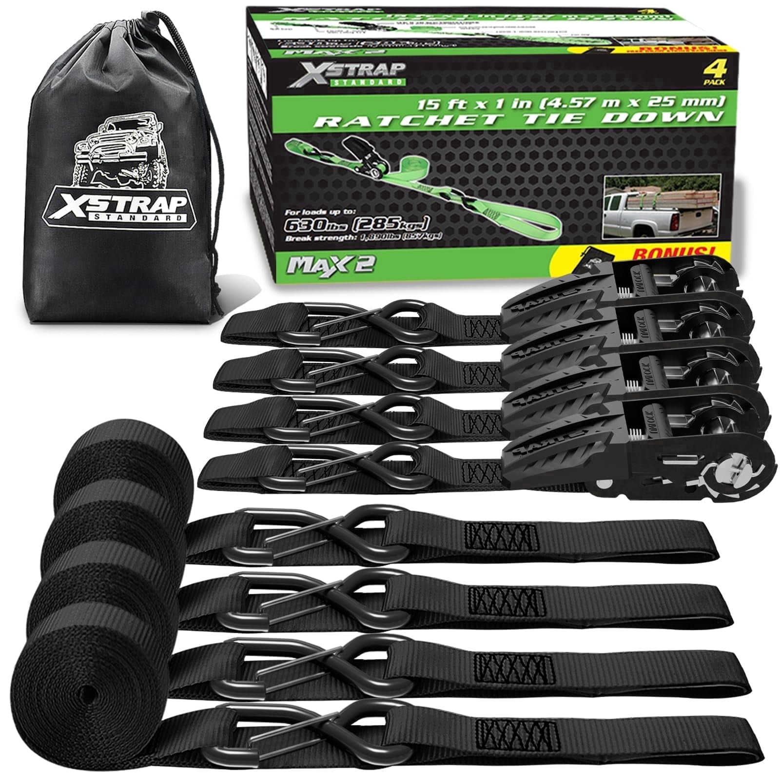 XSTRAP STANDARD Motorcycle Ratchet Tie Down Straps - 4 Pk 1'' x 15 Ft ...