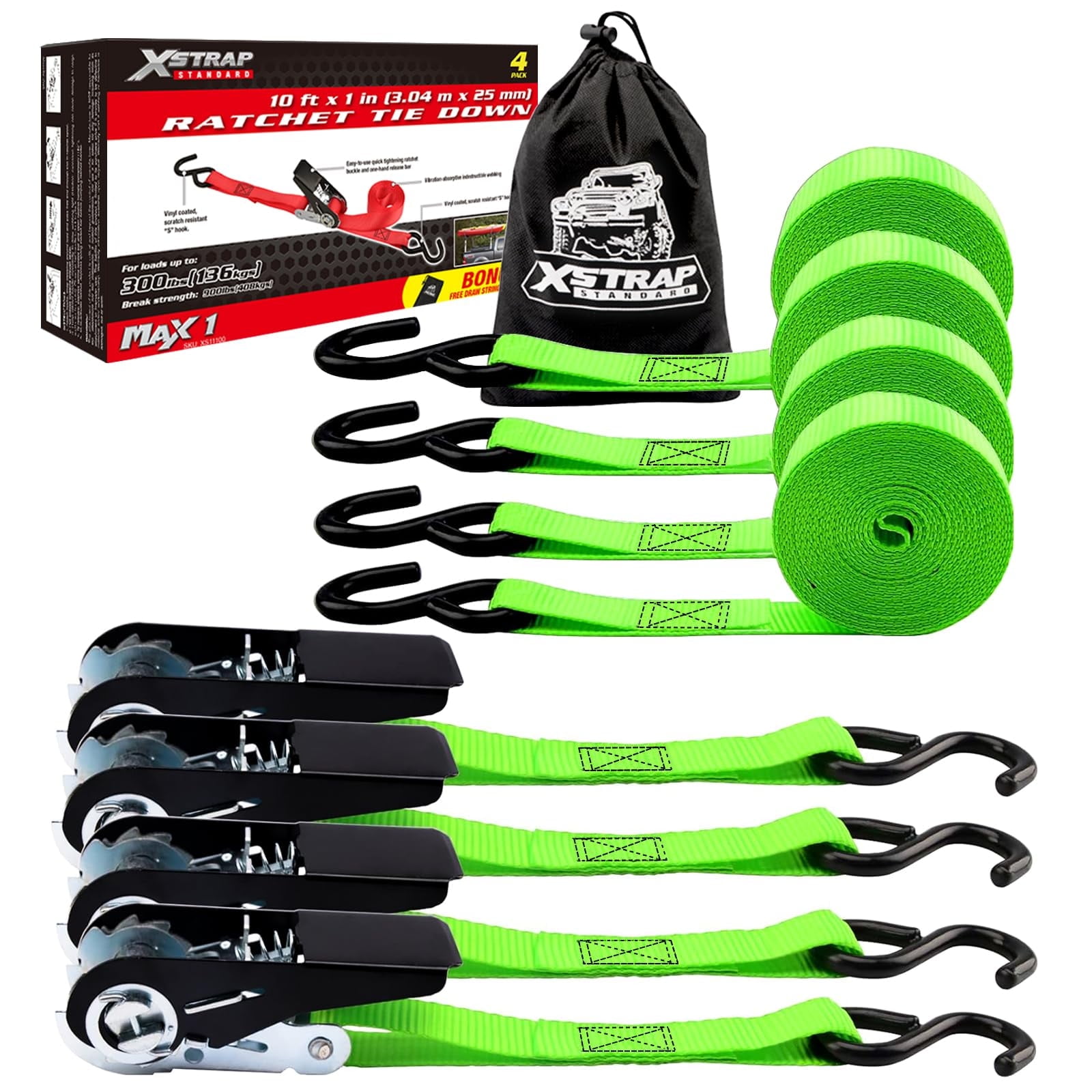 XSTRAP STANDARD Ratchet Tie Down Straps 4Pk 10Ft 300Lbs Load Cap ...