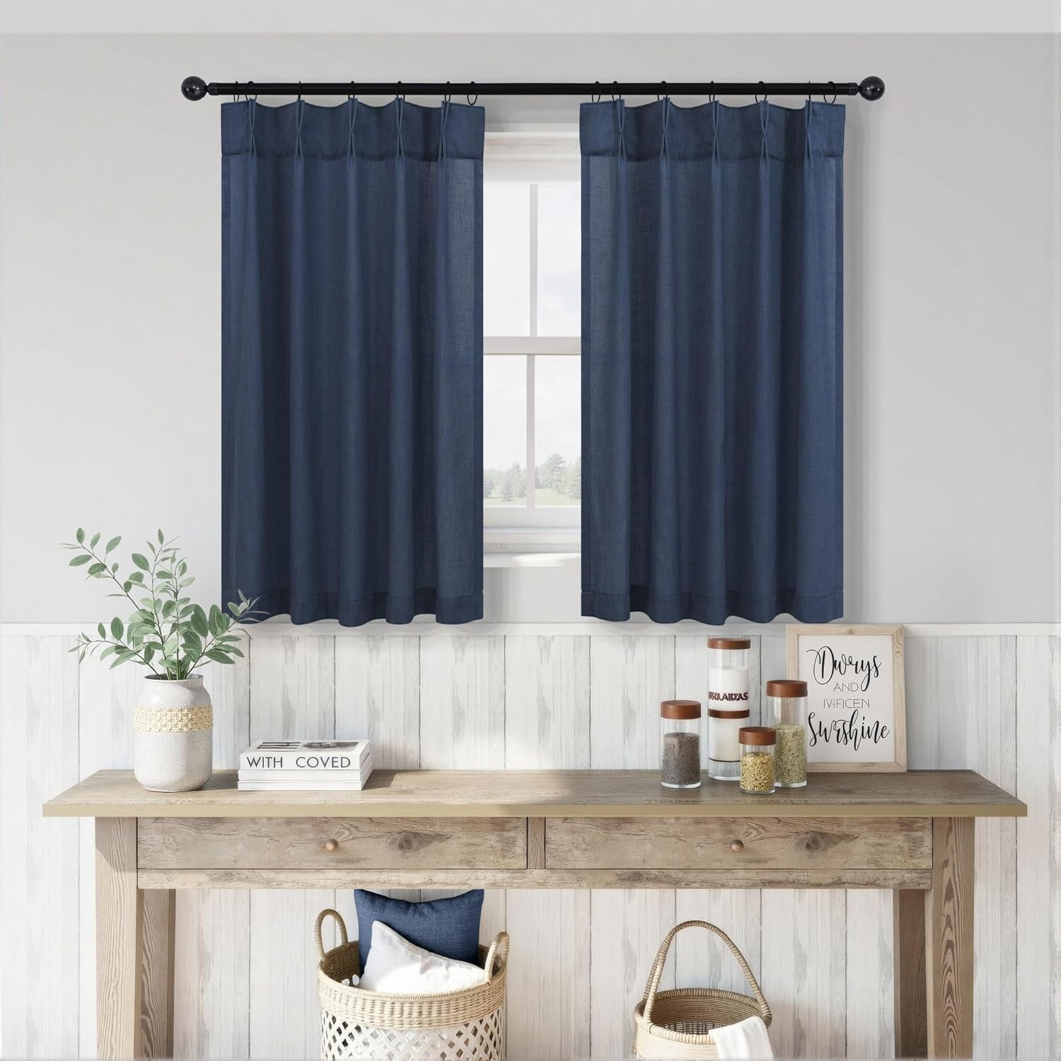XUANCO-Navy Blue Cafe Tier Curtains 36 Inch Length 2 Panel Pinch ...