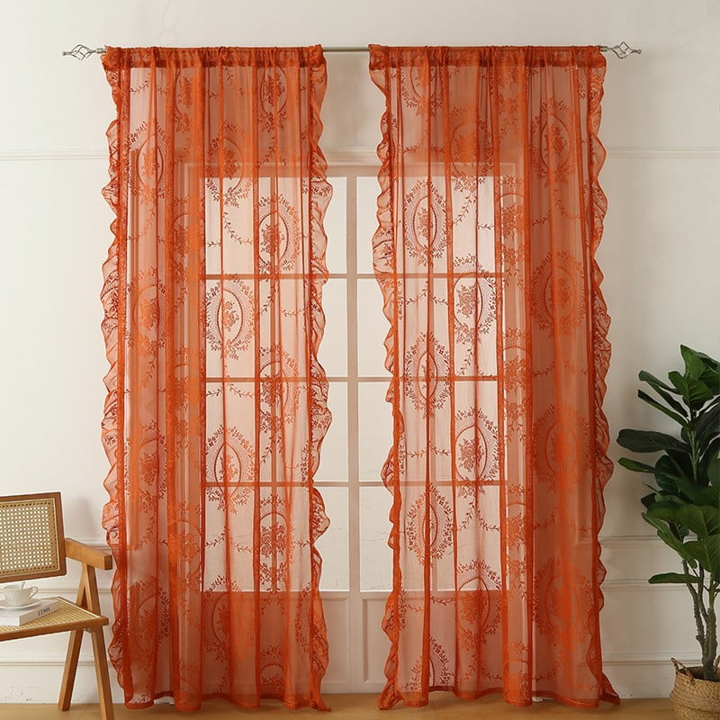 XUELC Lace Sheer Curtains Long Boho Floral Embroidery Curtains 2 Panel ...