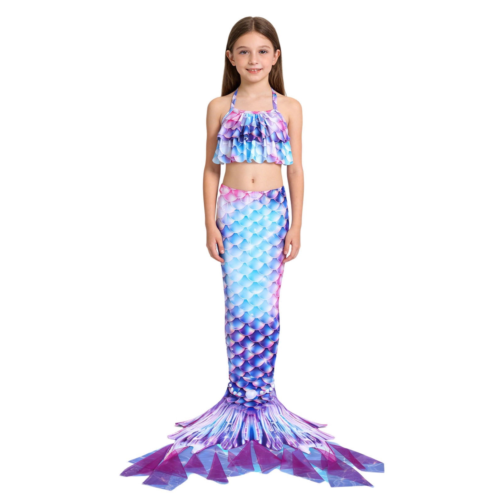 XUELUO Big Girls 3Pcs Swimsuit Scale Print Ruffled Halter Bikini Tail Set + Fish Tail Bottom ...