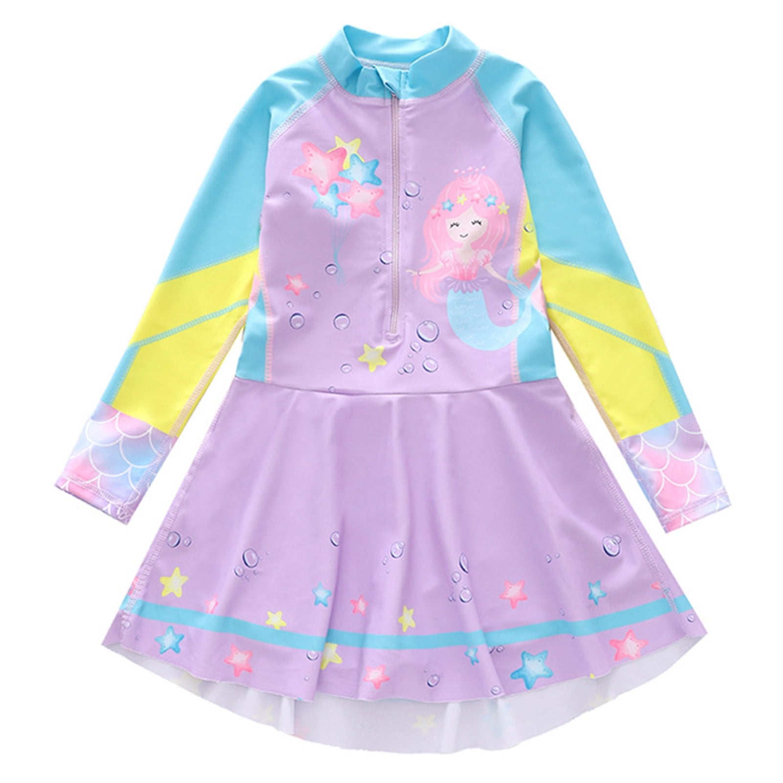 XUELUO Big Girls Swimsuits Stand Collar Long Sleeve Seashell Print ...