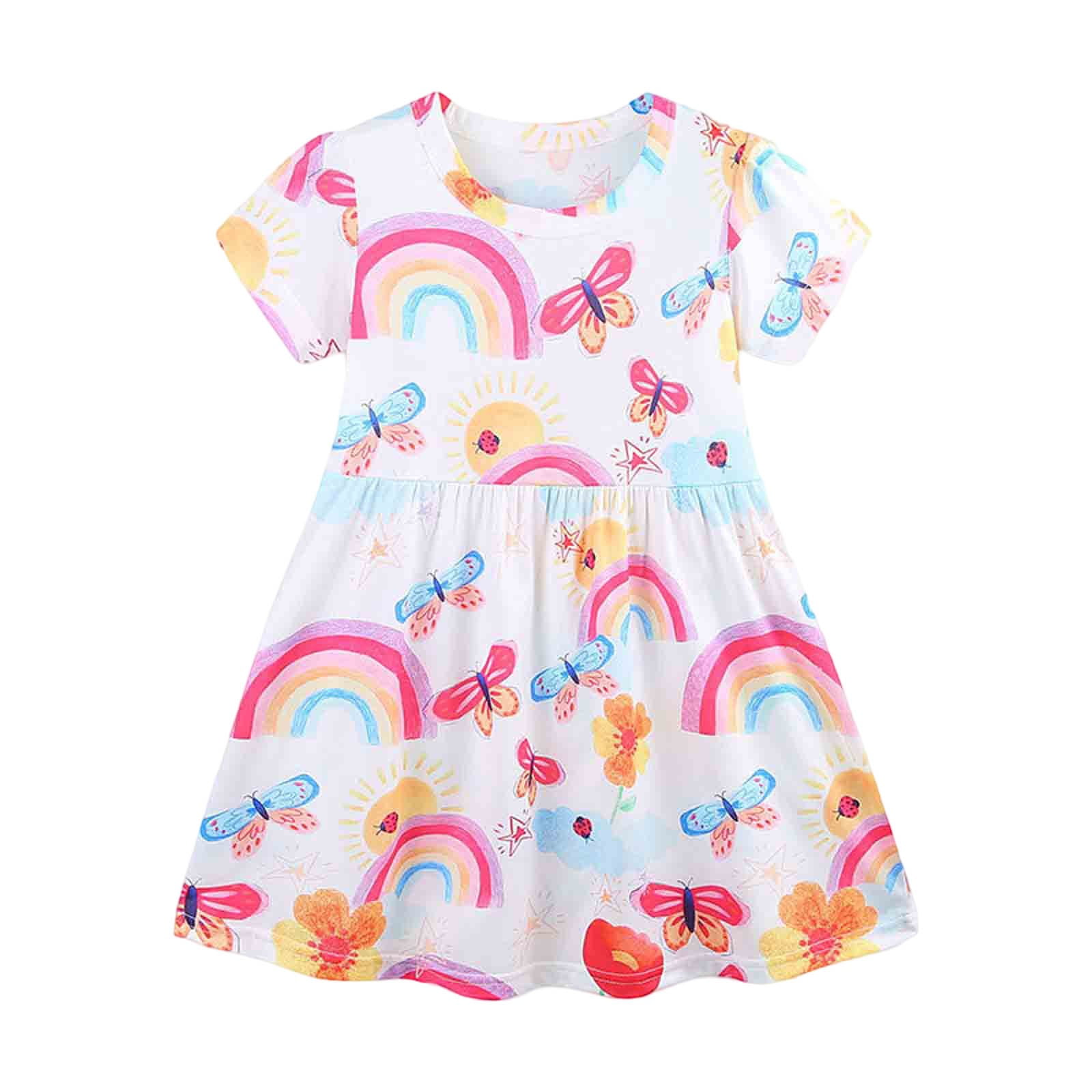 XUELUO Girls Casual Dresses Kids Summer Cartoon Rainbow Print Crew Neck ...