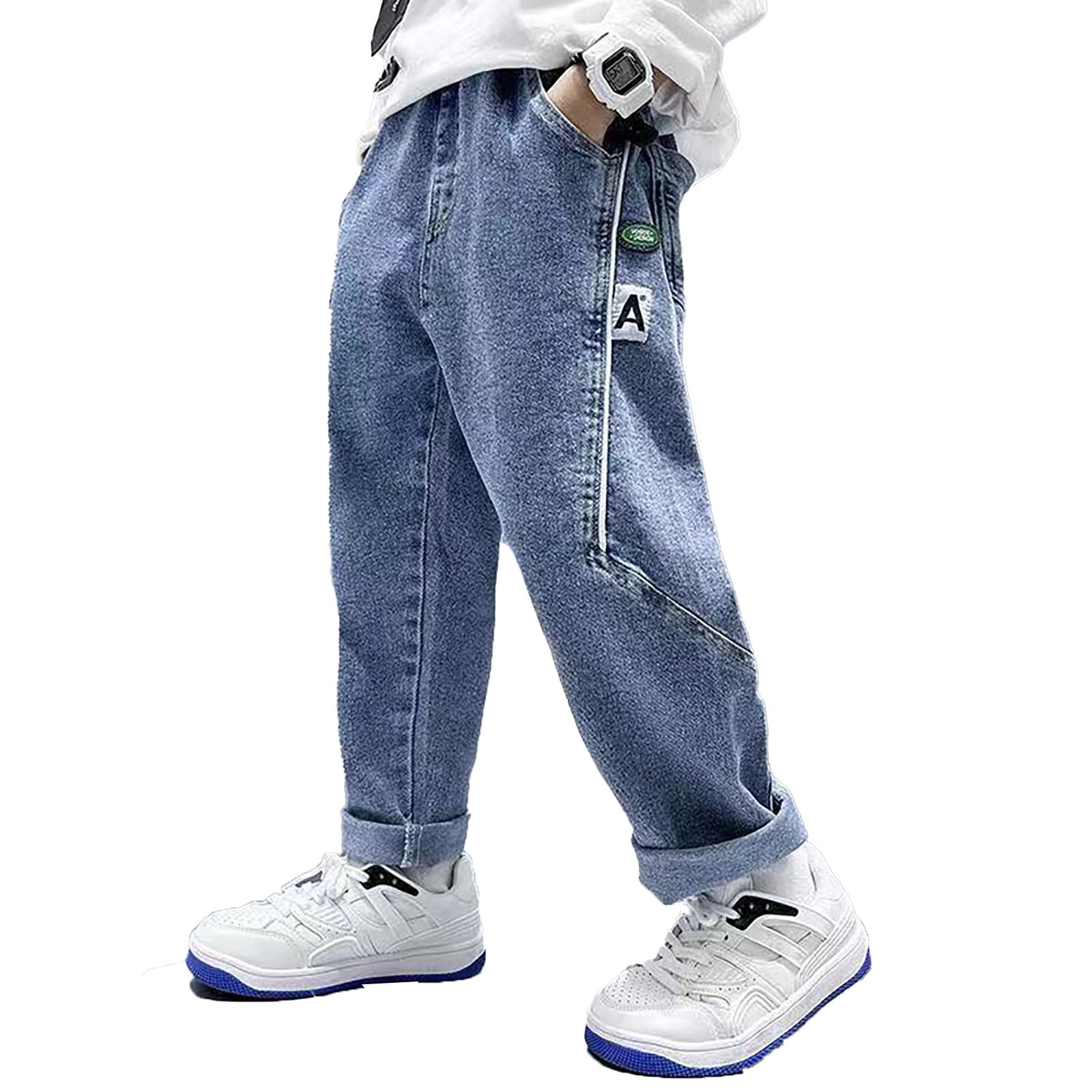 XUELUO Juniors Boys Pants Denim Solid Color Elastic Waist Loose Casual ...