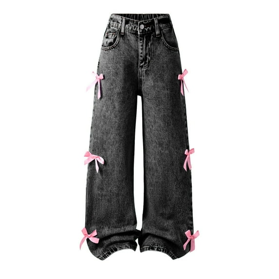 XUELUO Little Girls Wide Leg Jeans Washed 3D Bow Ribbon Design Denim ...