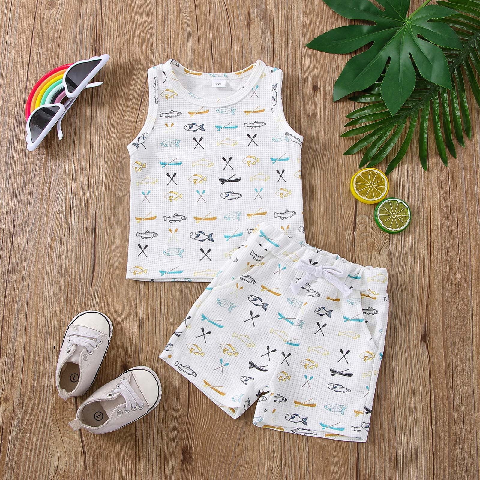 XUELUO Toddler Boys Casual Outfit Sets Summer Sleeveless Cartoon Prints Tops Shorts Two Piece ...