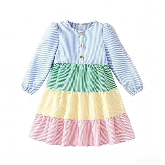 XUELUO Toddler Girls Dresses Colorful Striped Tiered Long Puff Sleeve ...