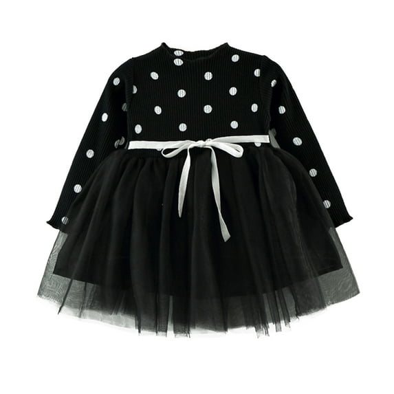 XUELUO Toddler Girls Long Sleeve Dress Ribbed Black Polka Dot Bow Belt ...