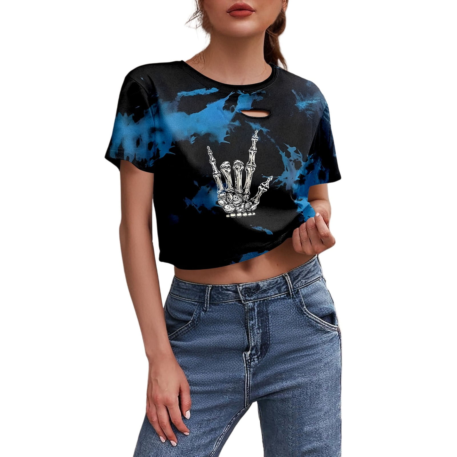 XUELUO Womens T-Shirts Summer Short Sleeve Crewneck Skeleton Hand Print ...