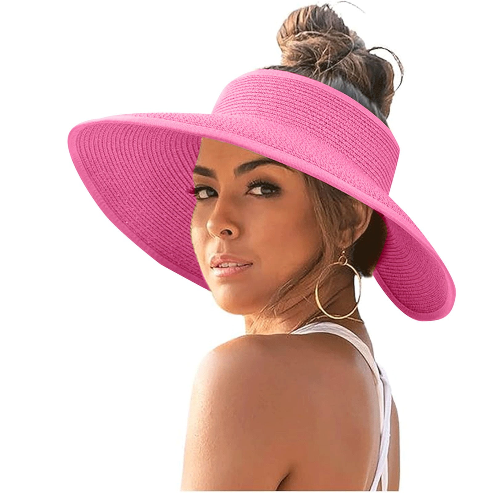 XUEMAO Straw Visors For Women Foldable Sun Hats Wide Brim Visor Roll Up ...