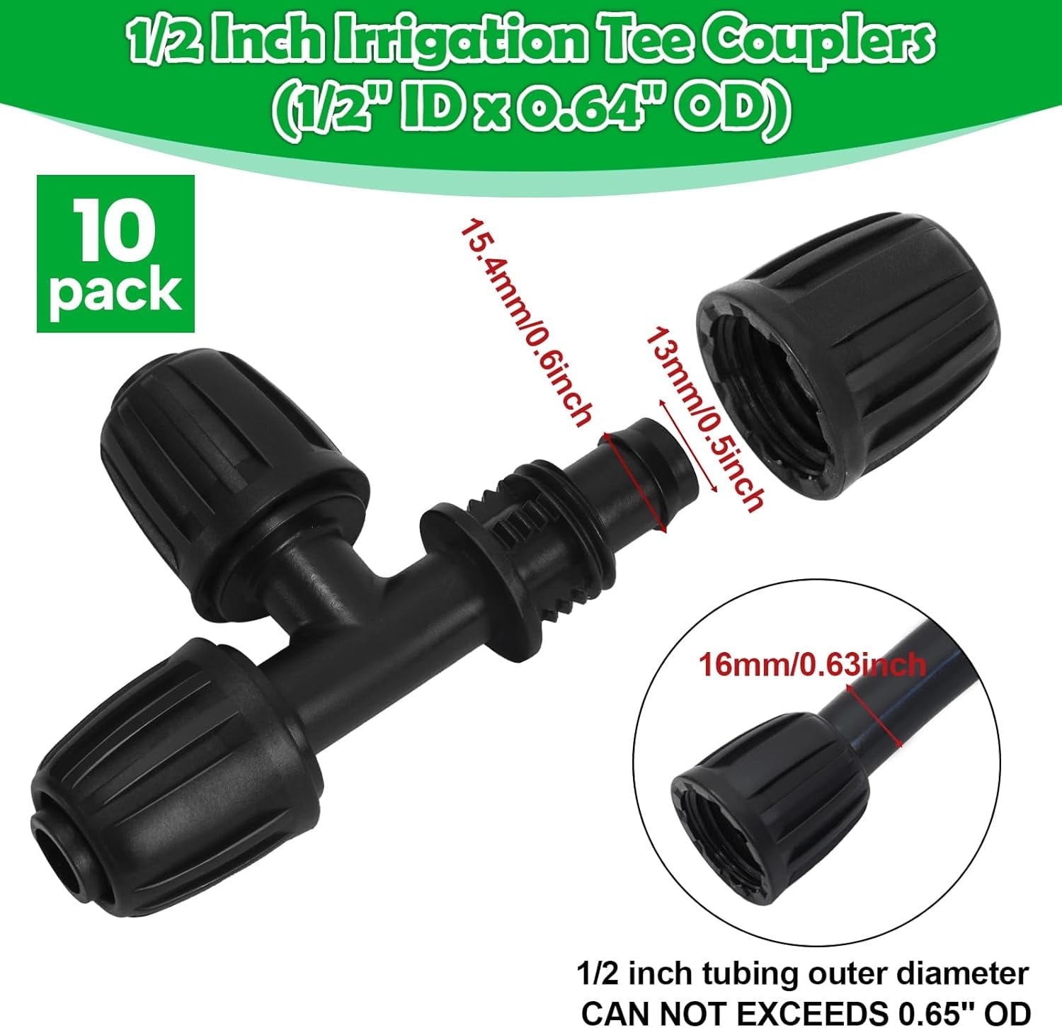 XUERUI-10 Pack 1/2 Inch Drip Irrigation Tee Fittings (1/2" ID x 0.65 ...