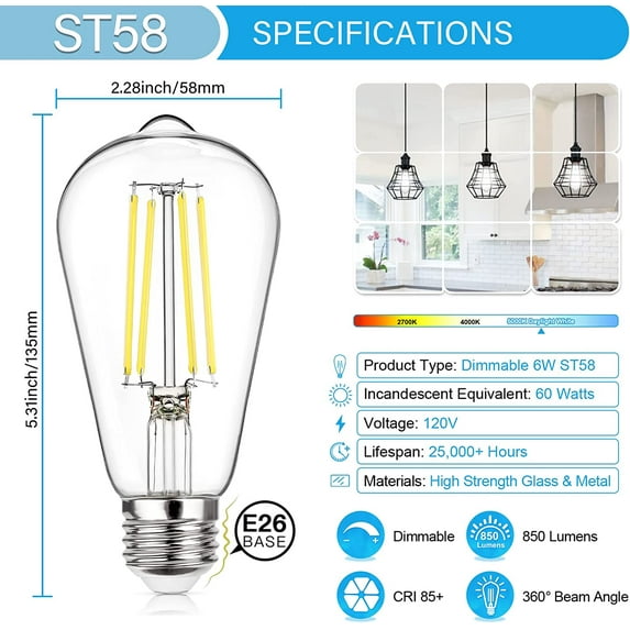 XUERUI-10-Pack Vintage LED Edison Bulb Dimmable 60W Equivalent 850 ...