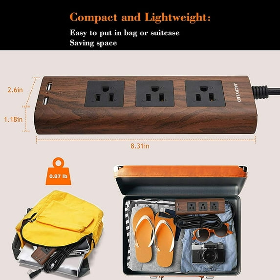 XUERUI-10Ft Extension Cord with USB Ports, Flat Plug Brown Power Strip ...