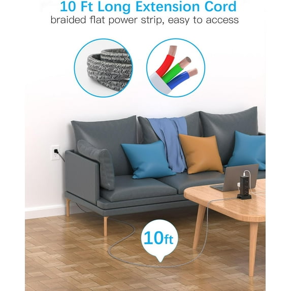 XUERUI-10Ft Surge Protector Power Strip Tower, 12 Outlets 4 USB (2 USB ...